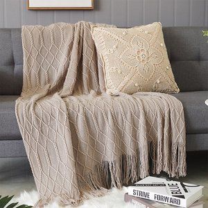 Fennco Styles | Bedding | Khaki Irregular Rhombus Diamond Knit Fringe ...